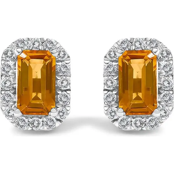 HAUS OF BRILLIANCE 10k Gold Gemstone And Diamond Halo Stud Earrings - Orange Citrine | White